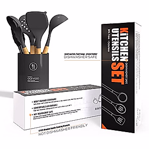 14 Pcs Silicone Cooking Utensils Kitchen Utensil Set - 446°F Heat Resistant,Turner Tongs, Spatula, Spoon, Brush, Whisk, Wooden Handle Gray Kitchen Gadgets with Holder for Nonstick Cookware (BPA Free)