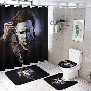 Woodyotime Michael Horror Myers Shower Curtain Sets 4 Piece Bathroom Set Shower Curtain Non-Slip Rugs Toilet Lid Cover Bath Mat Bathroom Decor