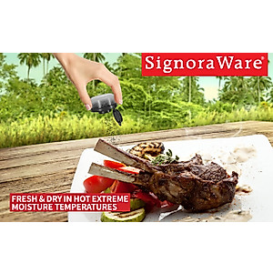 SIGNORAWARE Salt and Pepper Shakers Moisture Proof Set of 2 Small Mini Salt Shaker to go Camping Picnic Outdoors Kitchen Lunch Boxes Travel Spice set Clear with Black Covers Plastic Airtight Dispenser