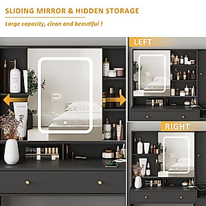 Vabches Vanity Desk with Mirror and Lights, Vanity Table Makeup Vanity with Lights 3 Drawers and Cabinets, Charging Station & Sliding Door, Lots Storage Shelves