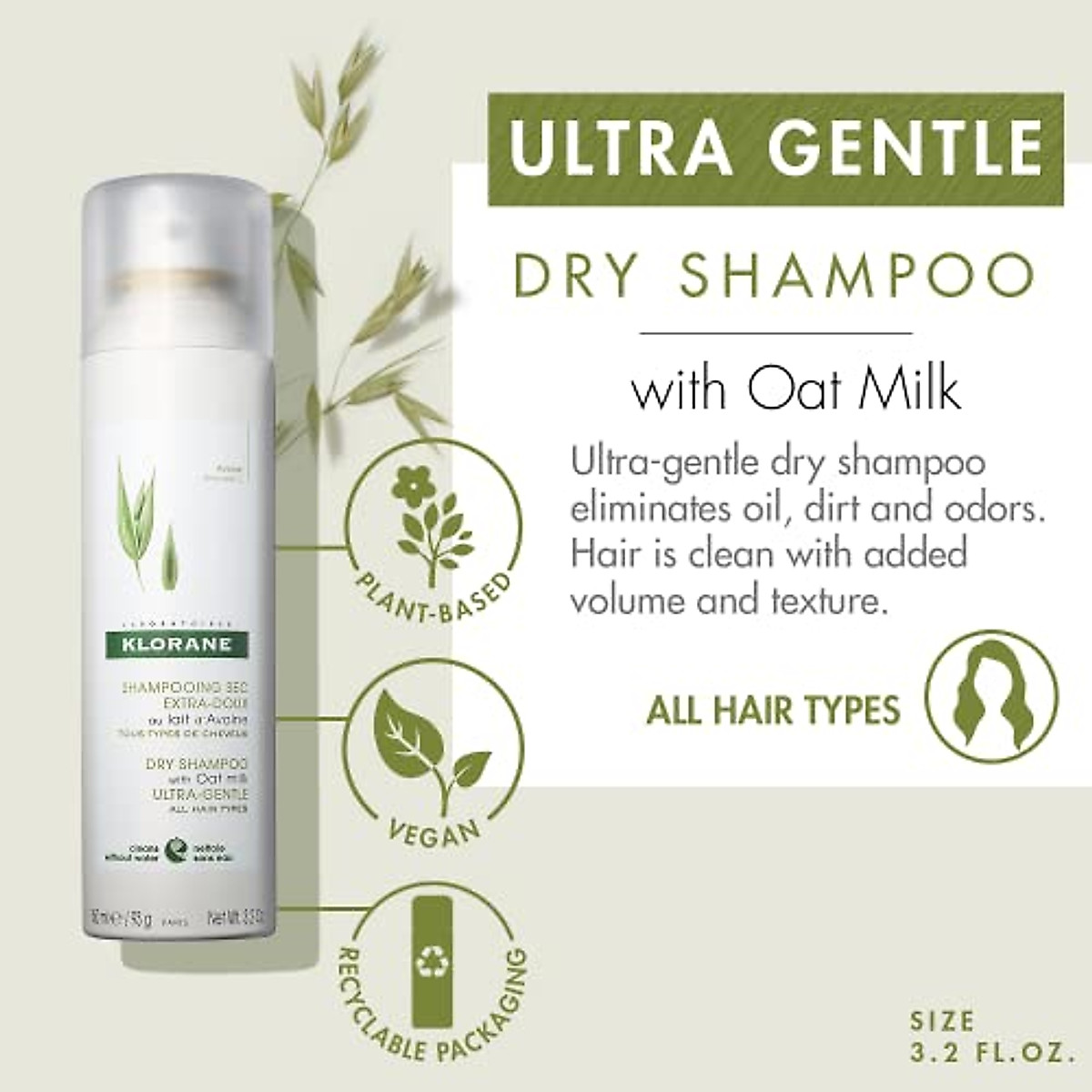 Klorane - Dry Shampoo With Oat Milk - Gentle Formula Instantly Revives Hair - Paraben & Sulfate-Free - 3.2 fl. oz.