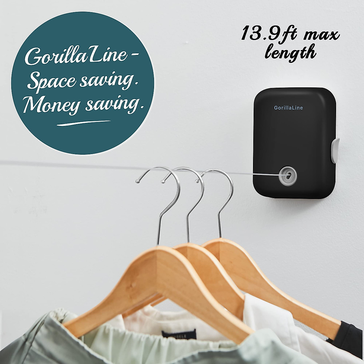 GorillaLine - Retractable Clothesline Indoor Outdoor Clothes Line | Heavy Duty Clothes Drying Laundry Line | Wall Mounted Drying Rack Clothing Line | Retracting Hanging | Lock to Prevent Sagging