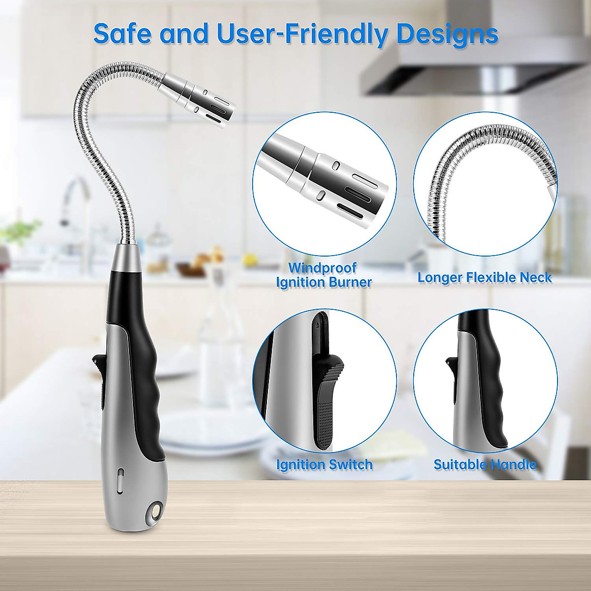 Butane Lighter Torch Long Lighter Jet Flame Windproof Lighter with Visual Fuel Window for Fireplace Kitchen Grill BBQ Camping, Black (No Butane Included)