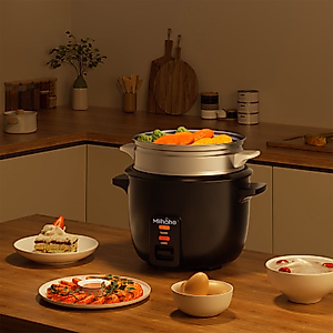 Rice Cooker, 2L Rice Cooker with Food Steamer, Rice Steamer with Non-Stick Inner Pot Makes Soups, Stews, Grains, Cereals, Keep Warm Feature (Black)