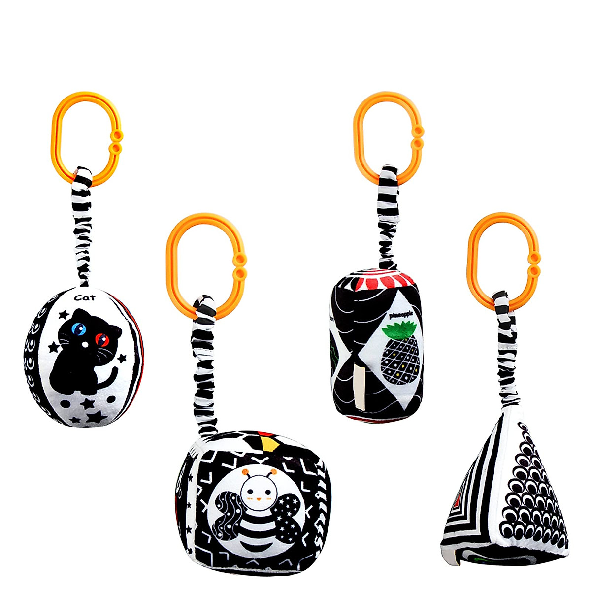 KAKIBLIN Baby Hanging Rattle Toys, 4 Pack Black and White Car Seat Baby Toys Soft Squeaky Stroller Toy for Baby Montessori Sensory Toys 0-12 Months for Newborn Infant, White and Black