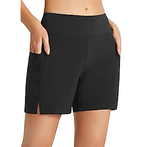 BALEAF Swim Shorts Women 5 Inch High Waisted Bikini Bottoms Tummy Control Bathing Suit Board Shorts Quick Dry with Pockets Black XL