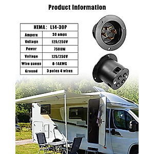 TADYAO 30Amps Flanged Power Inlet, NEMA L14-30P Generators Flanged Inlet Plug 125/250V 7500W RV Power Outlet with Cover