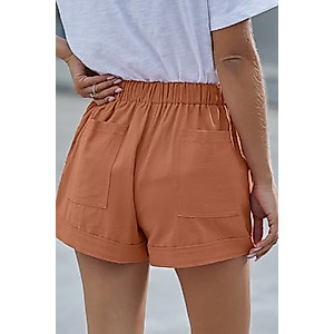 ANFTFH Women's Casual Elastic Waist Comfy Cotton Linen Summer Beach Shorts with Drawstring Orange XL