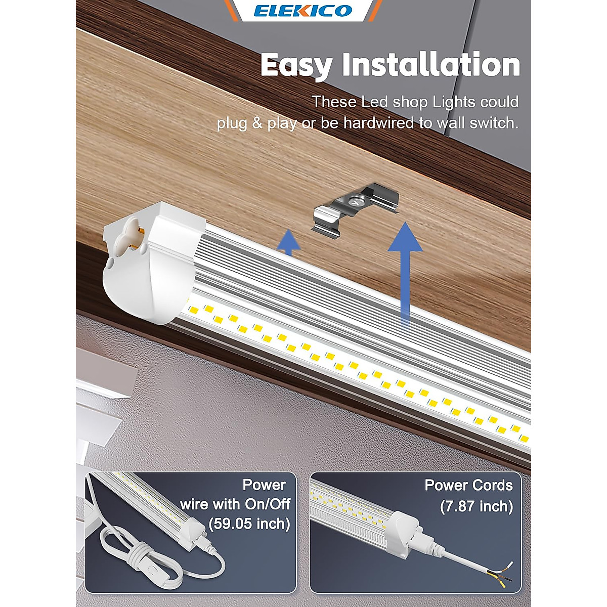 ELEKICO 4 Pack 2ft Led Shop Lights, 6000k 40w 5600lm 24 Inch Led Light Fixture Power Cord Wth on/Off Switch, Linkable 2ft Led Shop Light for Small Garage Ceiling Storage Area Workbench Basement Attic