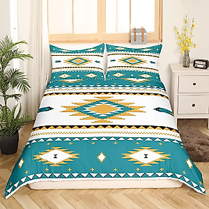 Erosebridal Boho Lattice Duvet Cover Queen, Aztec Bedding Set, Bohemian Navajo Ethnic Retro Yellow Striped Exotic Western Tribal Comforter Cover Teal Medallion Egyptian Bedroom Decor Quilt Cover