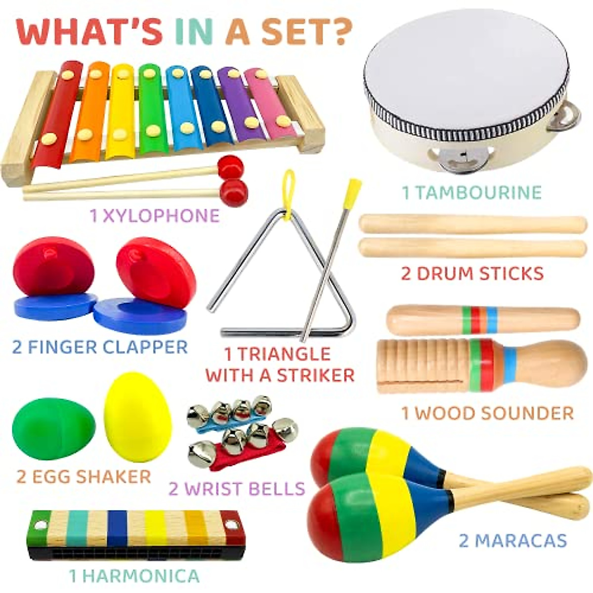 Stoie's Kids Musical Instruments Set 19 pcs for Toddler Ages 3-5 - Baby Wooden Percussion Musical Toys for Little Boys & Girls 9-12 Years Old- with Xylophone and Maracas - to Play in First Mini Band