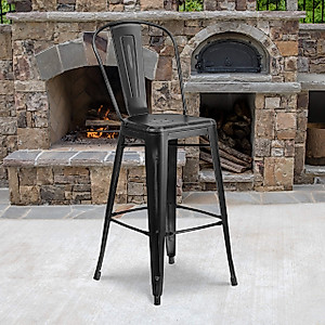 EMMA + OLIVER 4 Pack 30" High Distressed Black Metal Indoor-Outdoor Barstool with Back