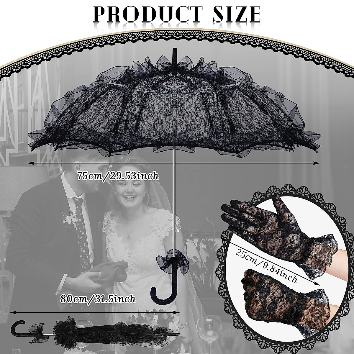 Amylove Lace Parasol Umbrella and Lace Gloves Set Wedding Bridal Umbrella for Decoration Tea Party Costume 31.5 Inch Adult Size(Black)