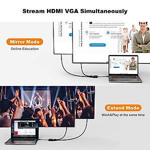 CableCreation USB C to HDMI VGA Adapter, Type C to VGA to USB C Thunderbolt 3 for Dual Monitor Adapter Compatible with iPhone 15 Plus/15 Pro Max, Galaxy S22 Ultra, MacBook Pro 2020, iPad Pro 2020