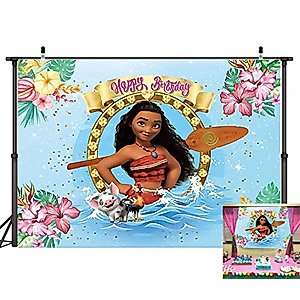Summer Beach Baby Moana Theme Backdrops Pink Flowers Blue Water Girls 1St Birthday Party Photography Background Baby Shower Moana Cake Table Decoration Banner Photo Studio Props 5x3ft