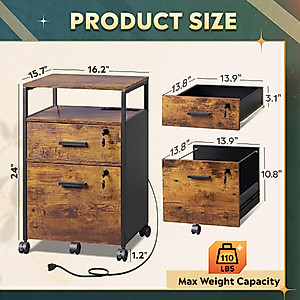 DEVAISE 2 Drawer File Cabinet, Mobile Printer Stand with Open Storage Shelf, Wood Filing Cabinet fits A4 or Letter Size for Home Office, Rustic Brown