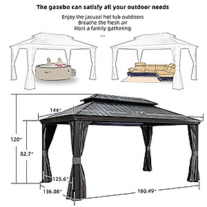 PURPLE LEAF 12' X 14' Hardtop Gazebo Aluminum Permanent Outdoor Gazebo with Galvanized Steel Double Roof for Patio Backyard Curtains and Netting Included Grey
