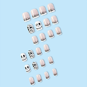 Halloween Short Mummy Design Fake Nails Square Press on Nails Glue on Nails Full Cover Odd Halloween Skull Nails Short Stick on Nails for Women and Girls Party Nail Art Manicure24ps