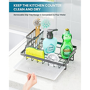 OHOBABY Sponge Holder for Kitchen Sink, Sink Caddy with Removable Drip Tray, Rustproof Stainless Steel Kitchen Sink Organizer with Dish Brush Holder for Countertop, Black (8.26'' X 5.51'' X 4.33'')