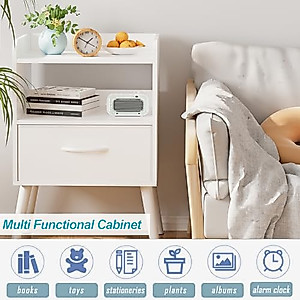 White Nightstand with Open Shelf,Small Night Stand Bedroom Bedside Table with Drawer Storage,Side Table End Table with Solid Wood Feet,Mid Century Night Stands for Office Home Sofa Couch(White)
