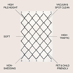 JONATHAN Y MOH410A-5 Cami Moroccan Style Diamond Shag Indoor Area-Rug Bohemian Contemporary Geometric Easy-Cleaning Bedroom Kitchen Living Room Non Shedding, 5 X 8, White/Black