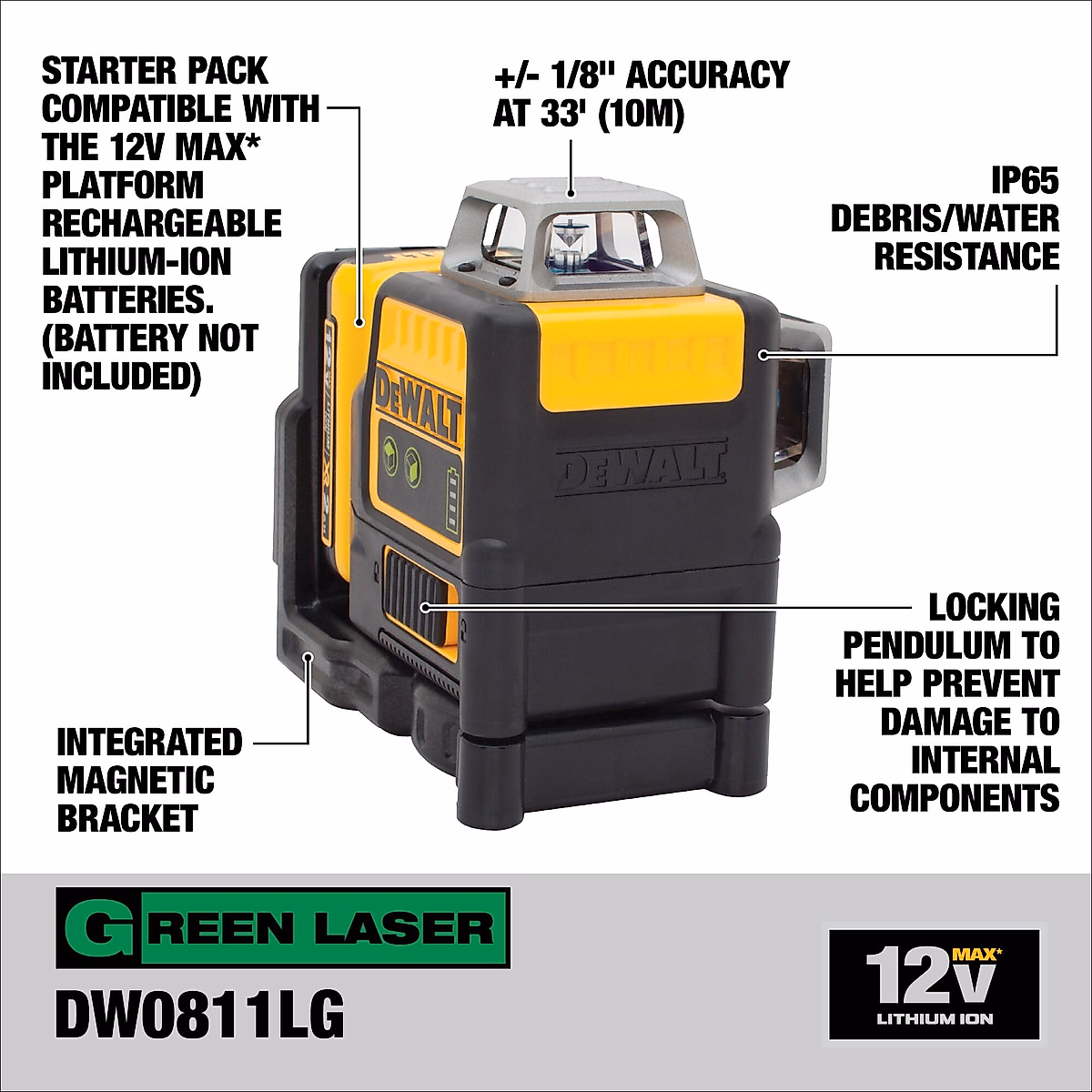 DEWALT 12V MAX Laser Level, Cross Line Laser, 2 x 360, Green (DW0811LG)