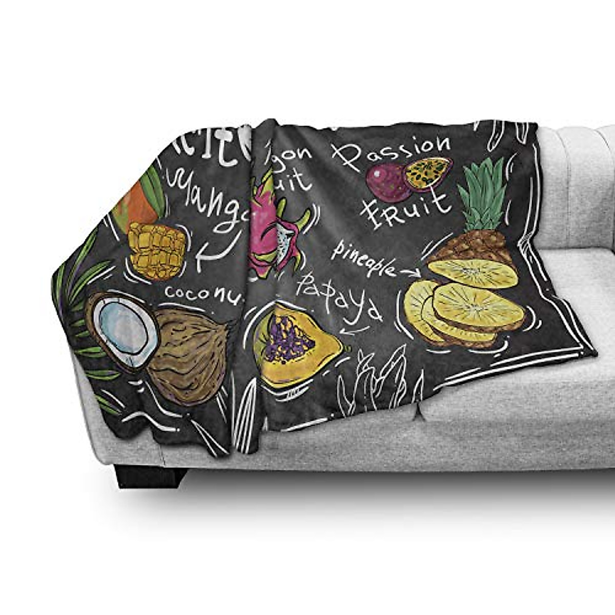 Ambesonne Fruit Throw Blanket, Hand Drawn Mango Dragon Fruit Papaya Coconut and Pineapple Sketch Tropical Blackboard, Flannel Fleece Accent Piece Soft Couch Cover for Adults, 70" x 90", Multicolor