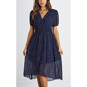 PRETTYGARDEN Puff Sleeve Floral Easter Dress for Women High Low Hem Wrap V Neck Summer Dress Smocked Waist Flowy Midi Dress (Bright Blue, Large)