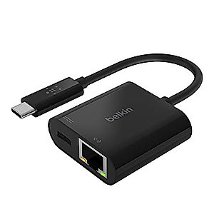 Belkin USB C To Ethernet + Charge Adapter - Gigabit Ethernet Port Compatible with USB C Devices - USB C to Ethernet Cable For MacBook Air, MacBook Pro & Windows - Ethernet to USB C Adapter - Black