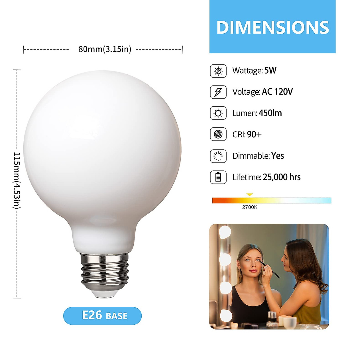 FUTIME G25/G80 LED Globe Light Bulbs, 5W LED Vintage Edison Bulb (40W Equivalent),Warm White 2700K,Dimmable Makeup Mirror Lights for Bedroom, Modern Sputnik Chandelier Light Bulbs Milky Glass 6 Pack