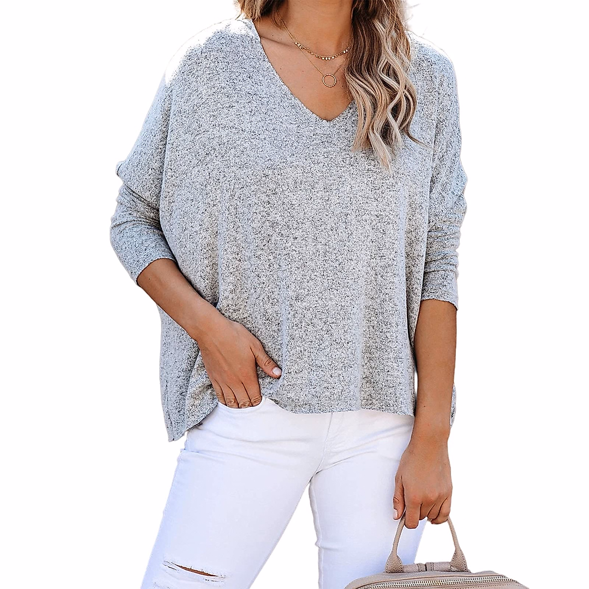 Satoys Womens Tops Fall Casual Loose Fit Long Sleeve Pullover Tops V Neck Shopping Blouse Solid Color Sweatshirts All-Match Style Soft Lightweight Summer Shirts White M 2022 New