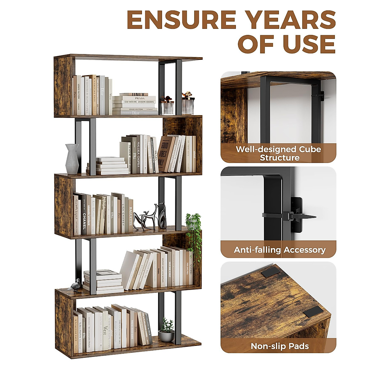 Gadroad 5-Tier Geometric Bookcase,S Shaped Bookshelf, Wood Decorative Storage Shelving, Modern Freestanding Display Shelves, Tall Book Shelf Unit for Living Room Bedroom, Rustic Brown