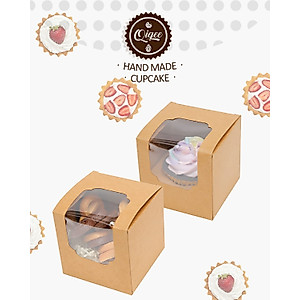qiqee Auto-pop up Cupcake Boxes 100-Packs Individual Cupcake Container Brown Kraft 3.5" x 3.5" x 3.5" Single Cupcake Boxes