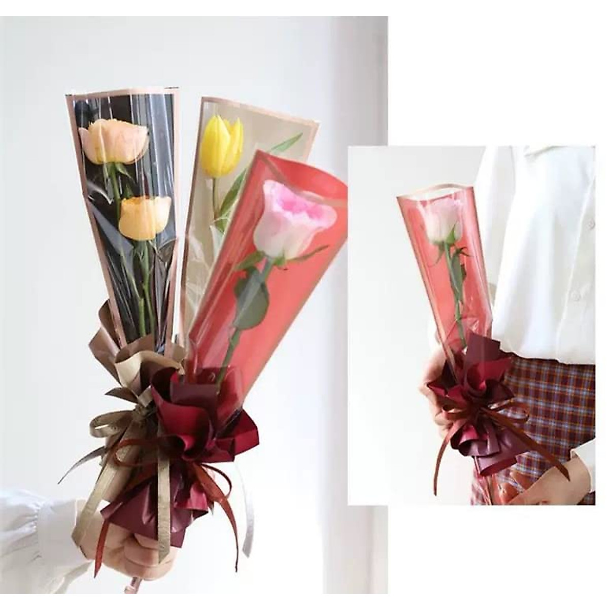 Rikyo 200 Counts 4 Colors Single Rose Packaging Bags,Gold Edge Single Rose Sleeve,Waterproof Flower Bouquet Sleeve Bag for Mother's day Valentines Day Wedding Birthday Gift