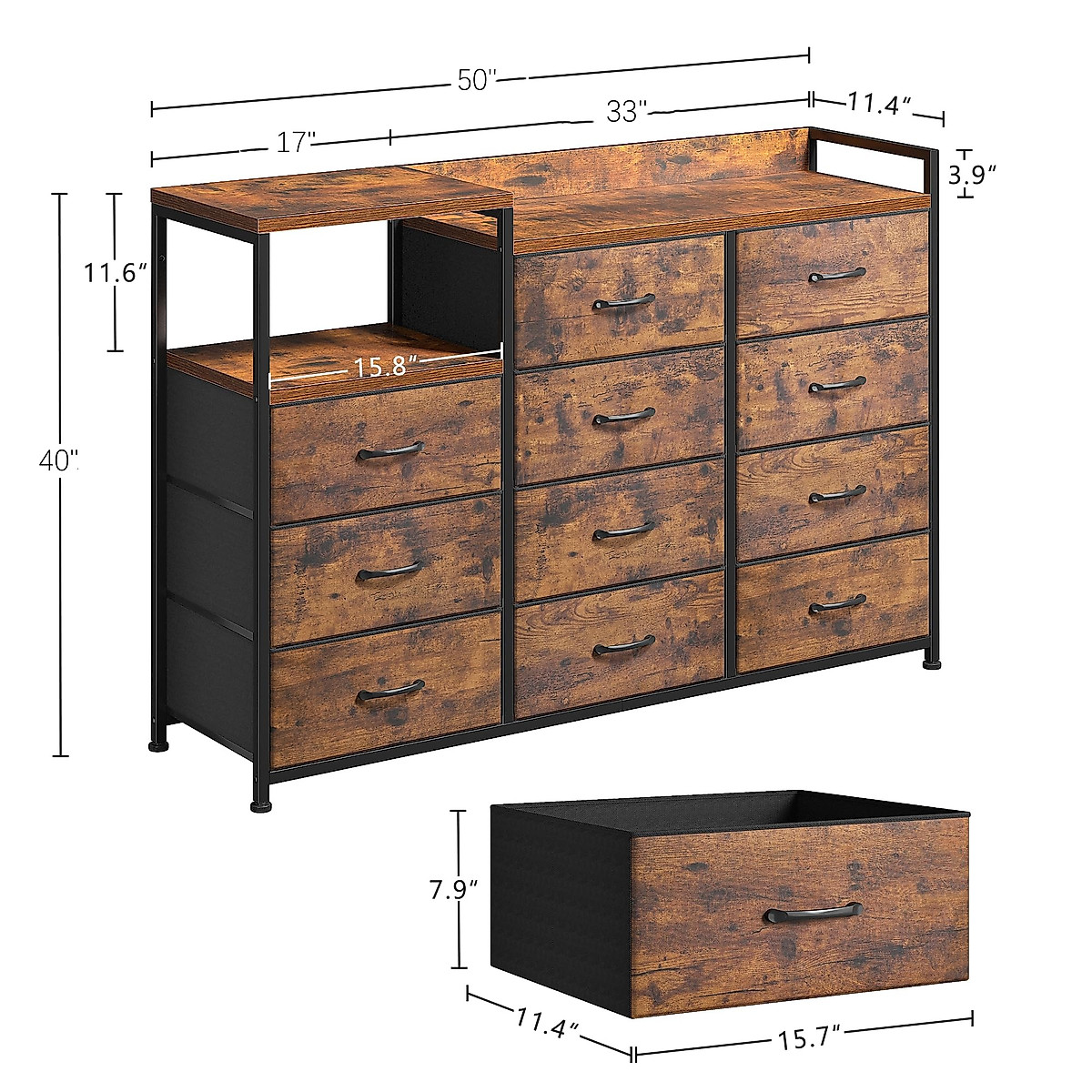 EnHomee Dresser for Bedroom with 11 Drawers Long Dresser TV Stand with Shelves Wide Dressers & Chests of Drawers Large Dresser for Bedroom Dresser, Sturdy Metal Frame, Wood Top, Rustic Brown