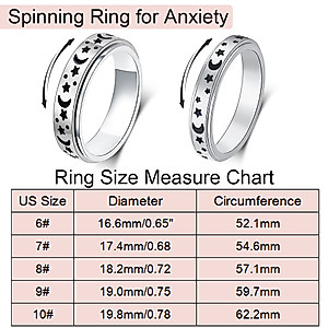 AmorArtSky Spinner Ring for Anxiety Relief Fidget: Anxiety Ring for Women Men, Titanium Stainless Steel Spinner Ring, 4MM 6MM, Size 6-10, Moon Star Fidget Ring-Silver, size 9, Metal, No Gemstone