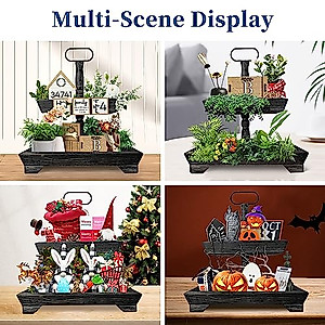Tiered Tray Decor 2 Tier Wooden Tray Stand Decorative Serving with Metal Handle Farmhouse Two Tiered Tray-Rustic Rectangular Tiered Tray Tiered for Kitchen Table Decor Serving Tier Tray Decoration
