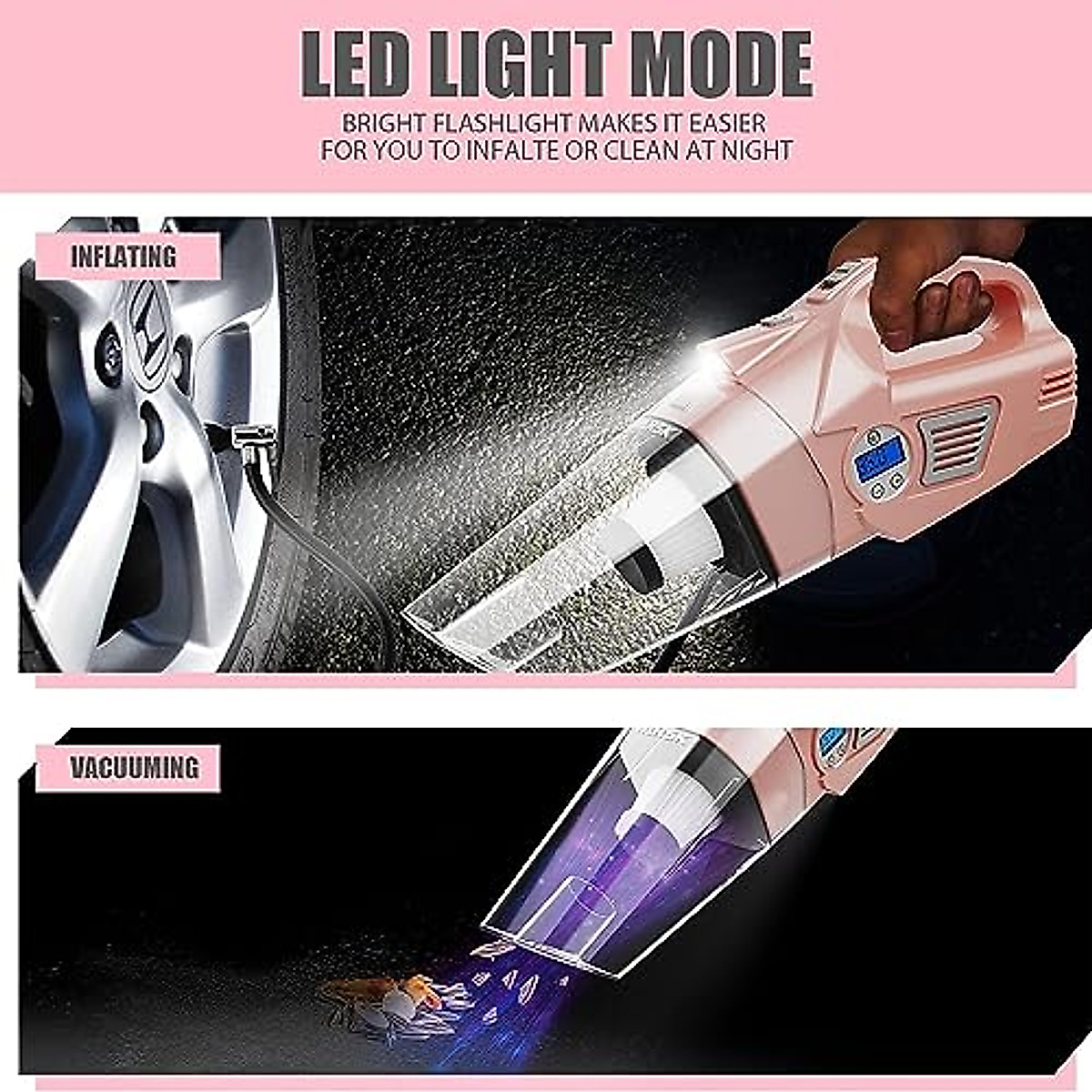 VARSK 4-in-1 Car Vacuum Cleaner High Power, Tire Inflator Portable Car Vacuum with Digital Tire Pressure Gauge LCD Display and Light, 12V DC, 15FT Cord, Pink Car Accessories for Women, Gifts for Her