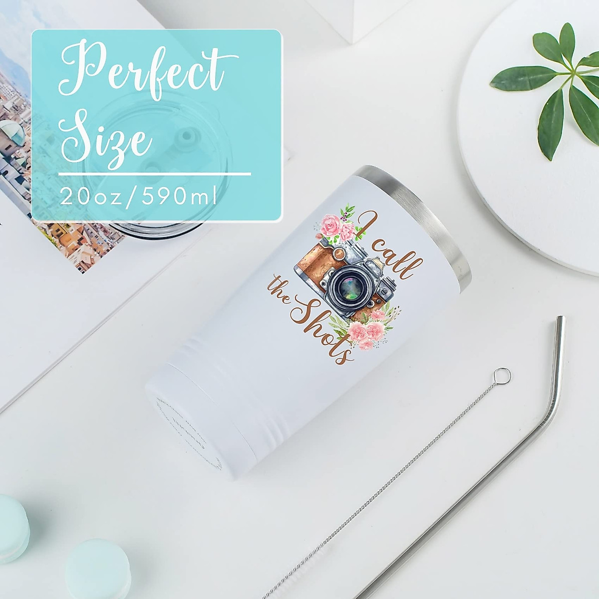 Onebttl Photography Gifts for Photographers for Women, 20oz Stainless Steel Insulated Wine Tumbler Mug with Lid - White