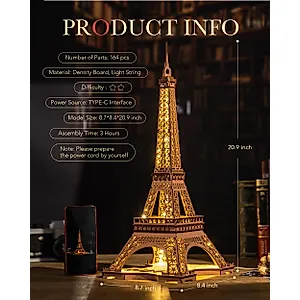 Rowood Eiffel Tower,3D Puzzle Model Kits for Adults,DIY 3D Wooden Puzzles for Adults,Builing Set with LED,Home Decoration Festival Gift Idea