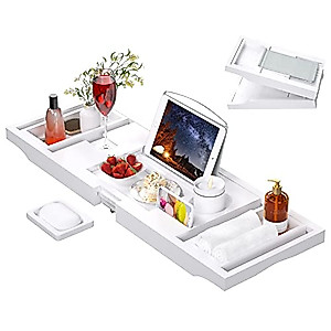 Artmalle Luxury Bathtub Caddy Tray - Bamboo Expandable Bath Tray for Tub with Book Stand, Foldable Bath Table Tray, Tub Shelf for Bathtub for Adults, Home Spa and Gift Choice, White