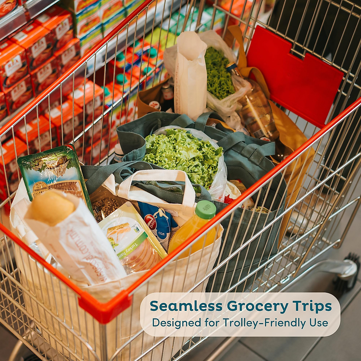 Nook Theory 3 Pcs Reusable Grocery Bags - Heavy Duty Canvas Bag, Large Grocery Tote for Shopping, Picnic, and Daily, 100% Cotton (Ocean)