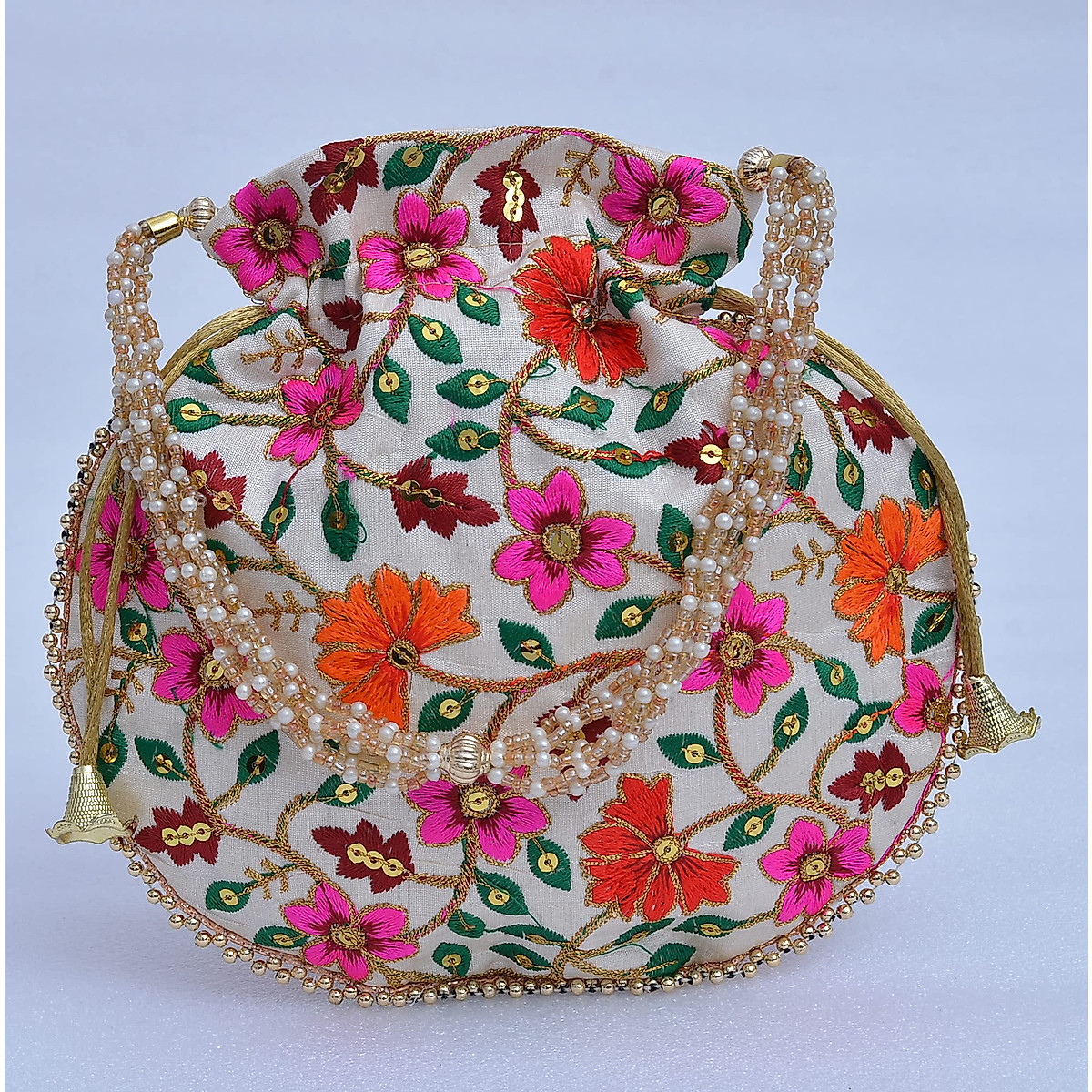 Truesellershop Designer Embroidered Potli Bag for Women Indian Ethnic Printed Silk Batwa Pearls Handle Purse Clutch Evening Party, Wedding, Gifts Her (Design-9), Off White