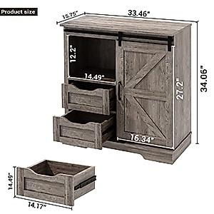 Ahvqevn Farmhouse Coffee Bar Cabinet, 33.64" Coffee Bar Cabinet with 2 Drawers and 3 Open Storage Shelf, Kitchen Hutch Buffet Storage Cabinet Design for Kitchen, Living Room, Entryway, Grey