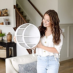 Crescent Moon Shelf Wall Decor - Rustic Wooden Moon Shelf for Crystals, Stones & Essential Oils - Wall-Mounted & Easy to Hang - Boho Shelf for Nursery or Bedrooms - 14 x 14 x 3.5 in. (White)
