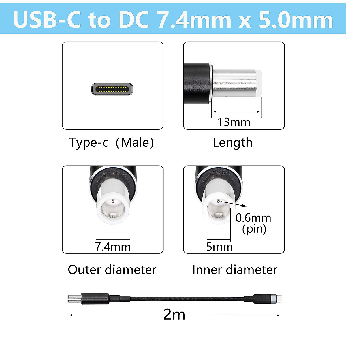 CERRXIAN 6.5ft 100W PD USB Type C Male Input to DC 7.4 x 5.0mm (7.4x0.6) Male Power Charging Cable for Dell Inspiron 15 3521 3537 3531 15R 5521 5537 17 3721 5748 17R 5737 5721(7406D-100W)