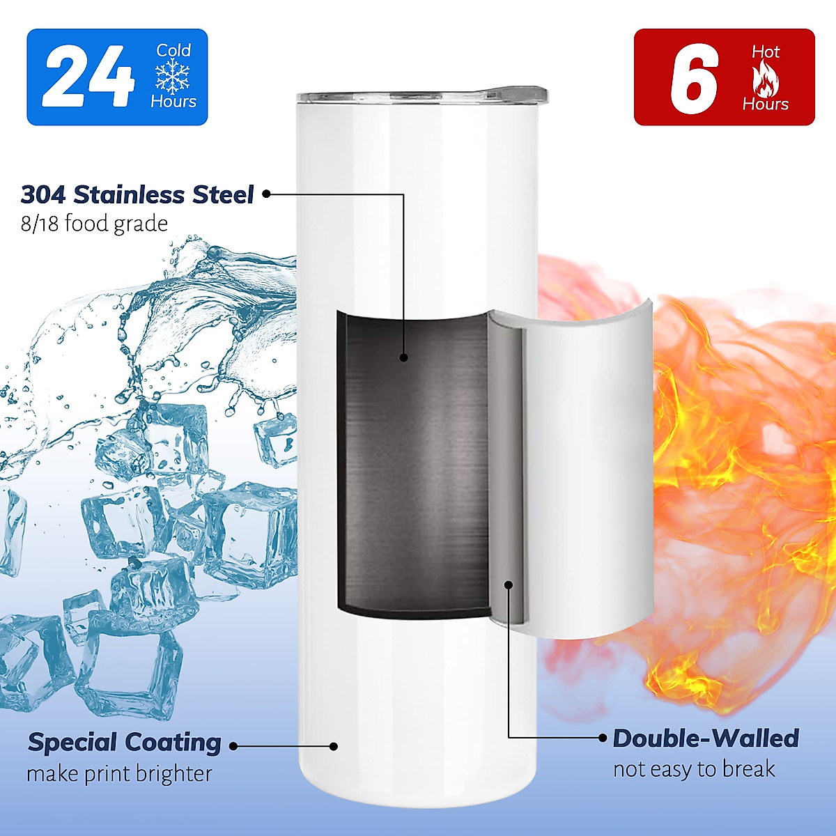 Joyclub 16 Pack Sublimation Tumblers Blank 20 oz Straight Skinny bulk for Heat transfer, Double Wall Insulated Tumbler with Individually Gift Boxed and Shrink Wrap Films