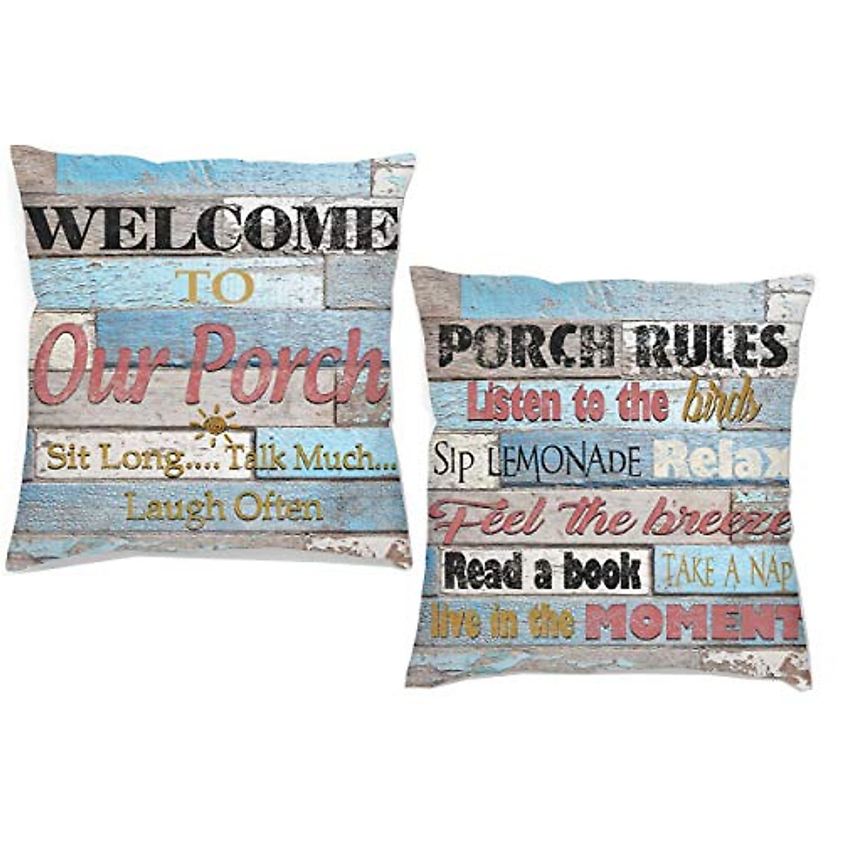 DZGlobal Welcome to Our Porch Pillow Covers Porch Rules Relax Sit Long Talk Much Wooden Pillowcase Home Farmhouse Decor Outdoor Pillowcases for Patio Furniture 18x18 Set of 2