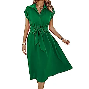 ECOWISH Womens Casual Midi Dresses Solid V Neck Short Sleeve Shirt Dress with Pockets for Spring Summer 2023 Green L