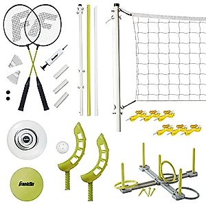 Franklin Sports Fun 5 Combo Outdoor Game Set - Backyard, Beach + Camping Games for Kids - Badminton, Volleyball, Flip Toss, Flying Disc - Horseshoes or Ring Toss